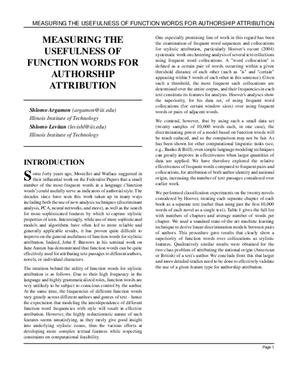 Pdf Measuring The Usefulness Of Function Words For Authorship Attribution