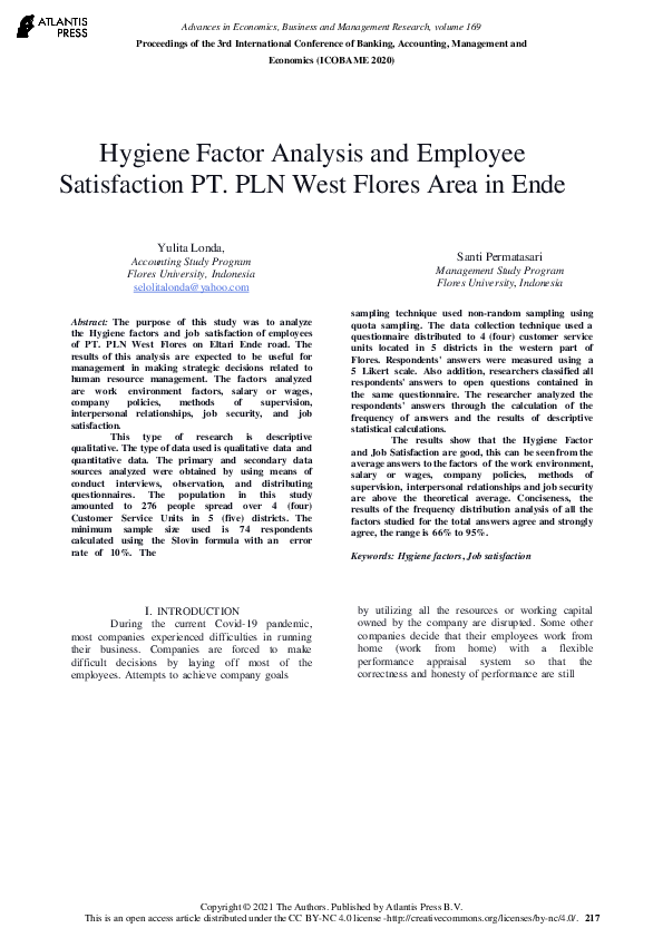 (PDF) Hygiene Factor Analysis and Employee Satisfaction PT. PLN West Flores Area in Ende