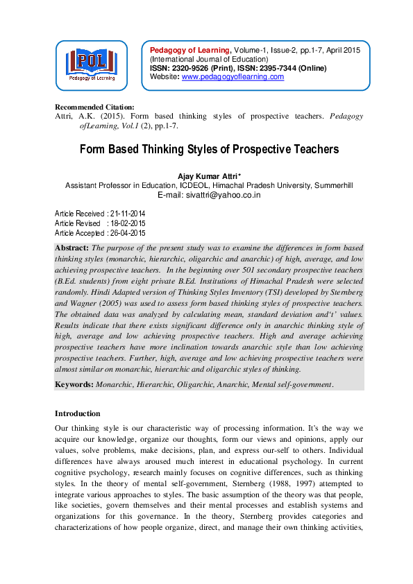 (PDF) Form Based Thinking Styles of Prospective Teachers