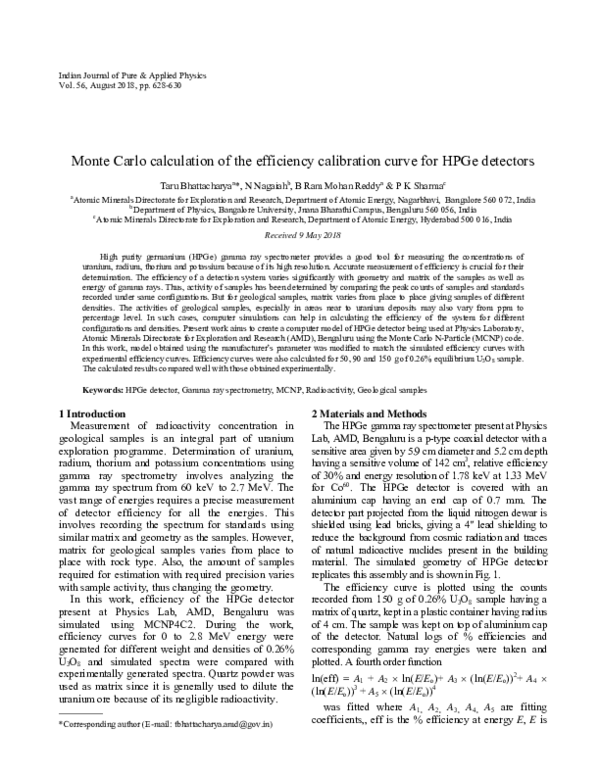 Pdf Monte Carlo Calculation Of The Efficiency Calibration Curve For Hpge Detectors