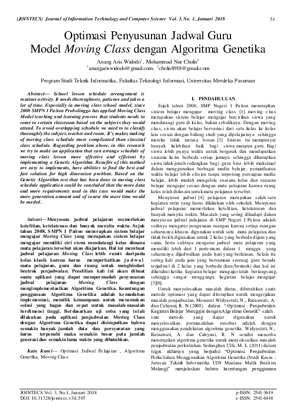 (PDF) Moving Class dengan Algoritma Genetika Sebagai Optimasi Penyusunan Jadwal Guru Mata ...