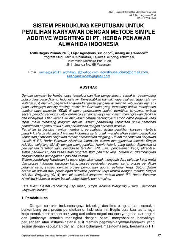 (PDF) Sistem Pendukung Keputusan Untuk Pemilihan Karyawan Dengan Metode Simple Additive ...