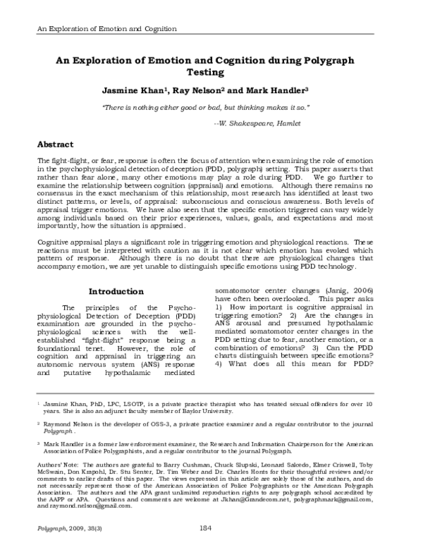 Pdf An Exploration Of Emotion And Cognition During Polygraph Testing