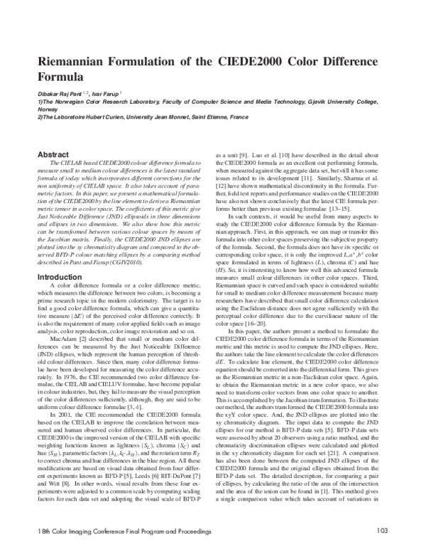 (PDF) Riemannian Formulation of the CIEDE2000 Color Difference Formula