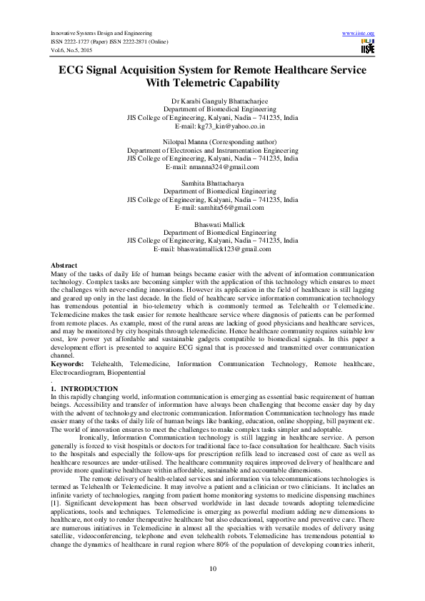 (PDF) ECG Signal Acquisition System for Remote Healthcare Service With ...