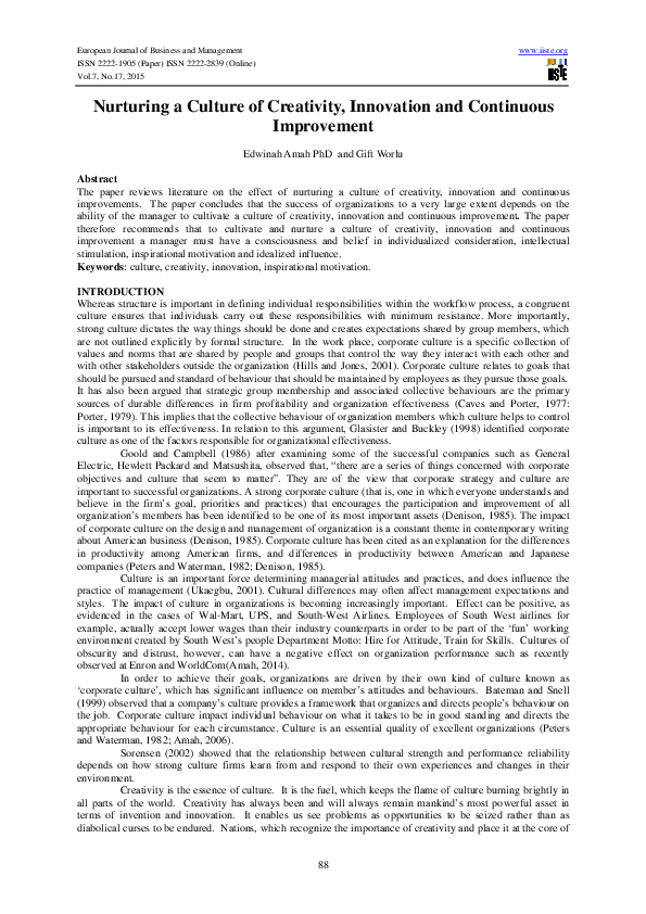 (PDF) Nurturing a Culture of Creativity, Innovation and Continuous Improvement