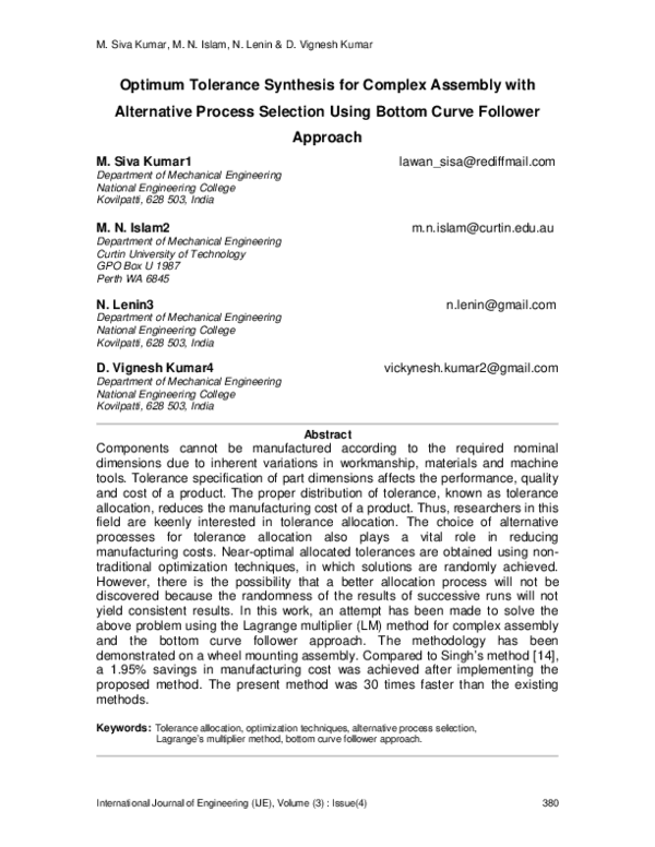 (PDF) Optimum Tolerance Synthesis for Complex Assembly With Alternative ...