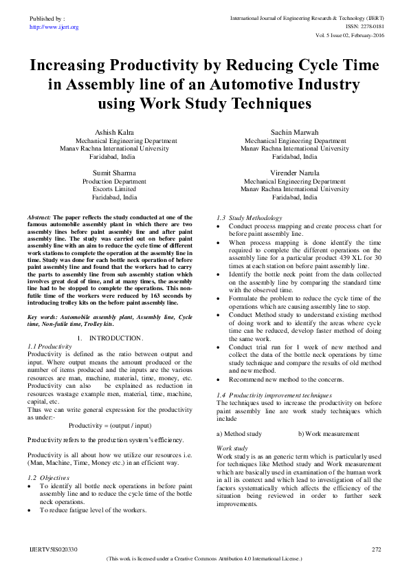 (PDF) Increasing Productivity by Reducing Cycle Time in Assembly line ...