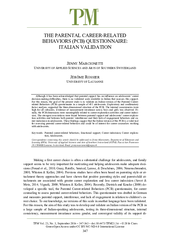 (PDF) The parental career-related Behaviors (PCB) questionnaire ...