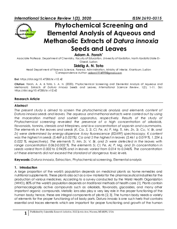 (PDF) Phytochemical Screening and Elemental Analysis of Aqueous and Methanolic Extracts of ...