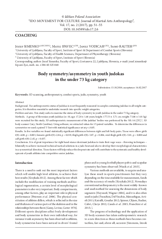 (PDF) Body symmetry/asymmetry in youth judokas | Janez Vodicar ...