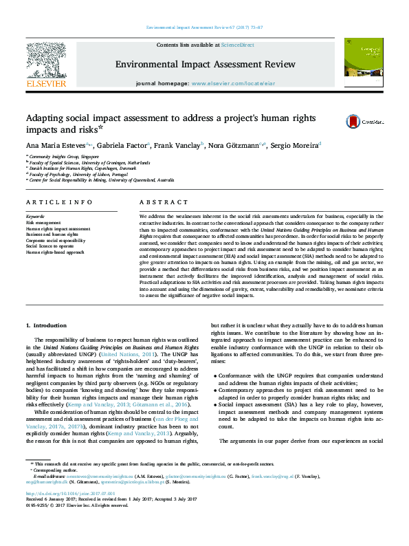 (PDF) Adapting social impact assessment to address a project's human ...