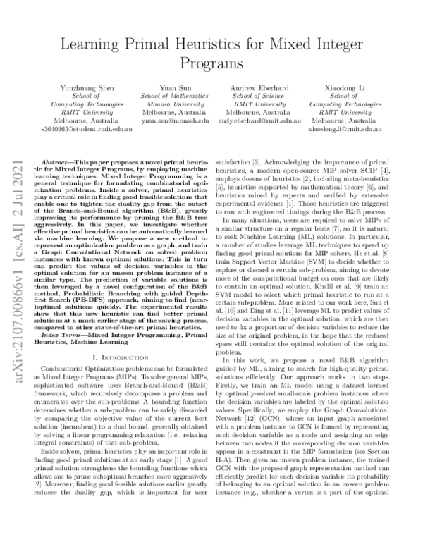 (PDF) Learning Primal Heuristics for Mixed Integer Programs