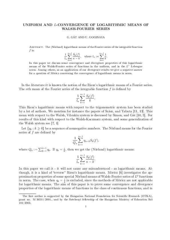 (PDF) Uniform and L-convergence of logarithmic means of Walsh-Fourier ...