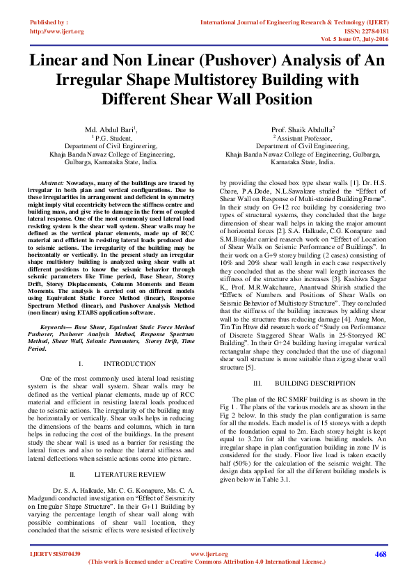 Pdf Linear And Non Linear Pushover Analysis Of An Irregular Shape Multistorey Building With 8082