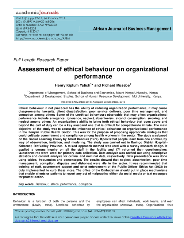 (PDF) Assessment of ethical behaviour on organizational performance