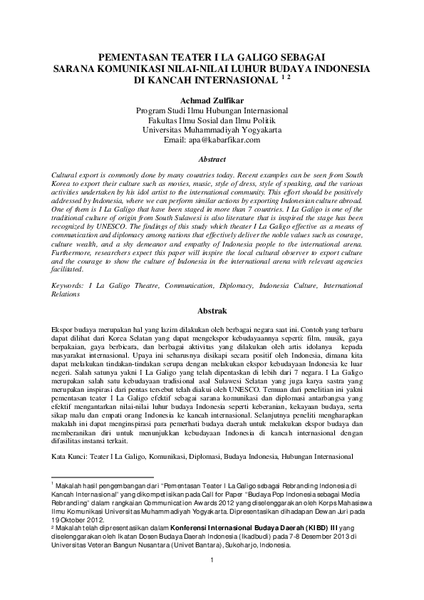 (PDF) Pementasan Teater I La Galigo sebagai Sarana Komunikasi Nilai-Nilai Luhur Budaya Indonesia ...