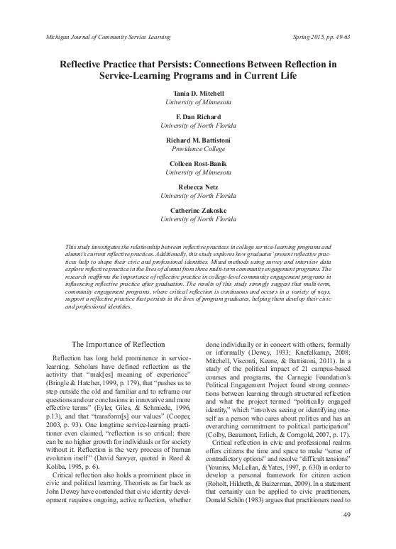 (PDF) Reflective Practice That Persists: Connections between Reflection ...