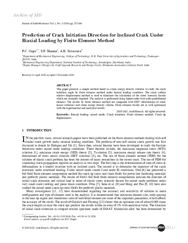 Pdf Prediction Of Crack Initiation Direction For Inclined Crack Under Biaxial Loading By