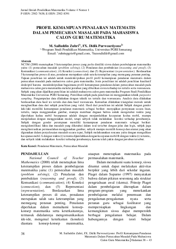 (PDF) Profil Kemampuan Penalaran Matematis Dalam Pemecahan Masalah Pada Mahasiswa Calon Guru ...
