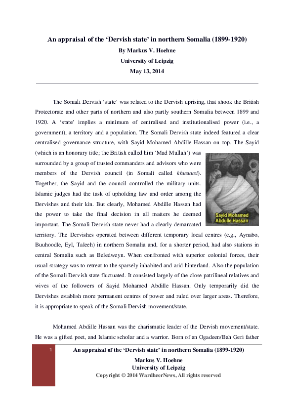 (PDF) An appraisal of the 'Dervish state' in northern Somalia (1899-1920)