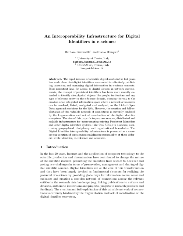(PDF) An Interoperability Infrastructure for Digital Identifiers in e-science