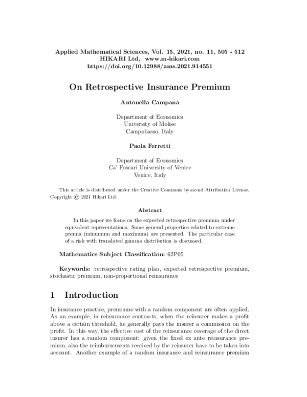 (PDF) On retrospective insurance premium