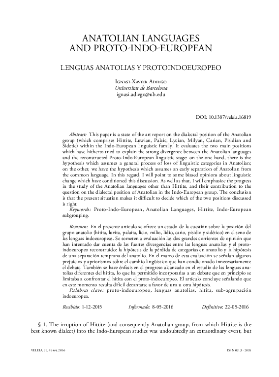 (PDF) Anatolian languages and Proto-Indo-European