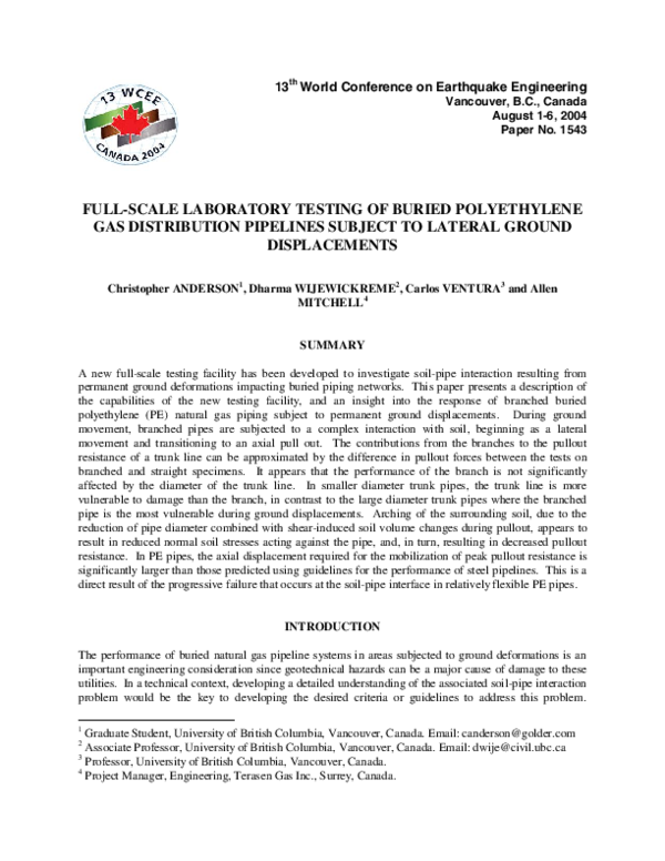 Pdf Full Scale Laboratory Testing Of Buried Polyethylene Gas Distribution Pipelines Subject To