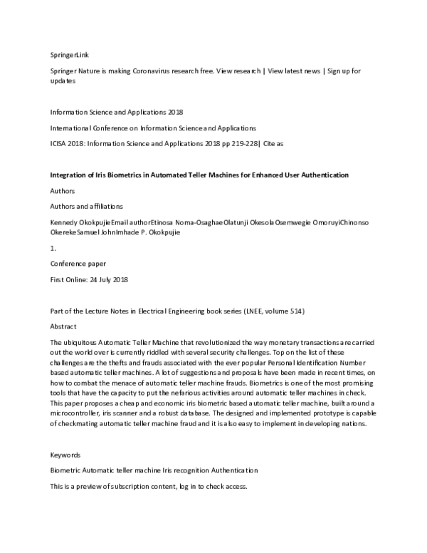 (PDF) Integration of Iris Biometrics in Automated Teller Machines for Enhanced User Authentication