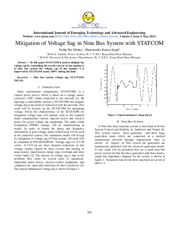 (PDF) Mitigation of Voltage Sag in Nine Bus System with STATCOM