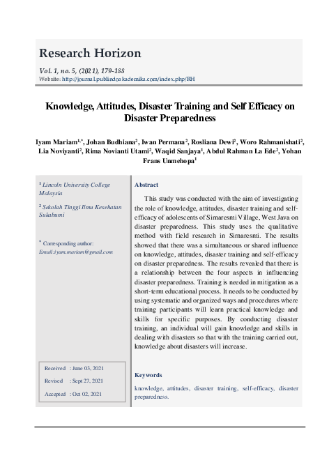 (PDF) Knowledge, Attitudes, Disaster Training and Self Efficacy on Disaster Preparedness
