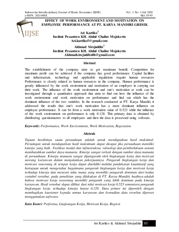 (PDF) Effect of Work Environment and Motivation on Employee Performance at Pt. Karya Mandiri ...