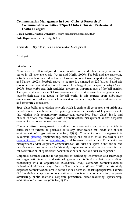 (PDF) Communication Management In Sport Clubs- A Research Of ...