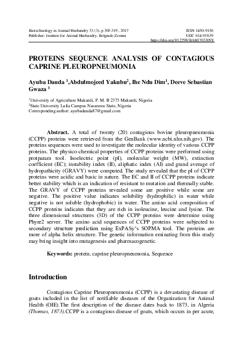 (PDF) Proteins sequence analysis of Contagious Caprine Pleuropneumonia ...