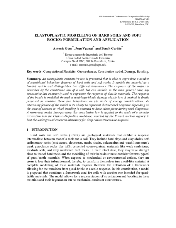 (PDF) Elastoplastic Modelling of Hard Soils and Soft Rocks: Formulation and Application