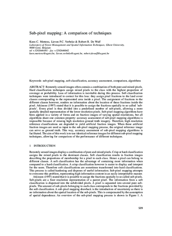 Pdf Sub Pixel Mapping A Comparison Of Techniques