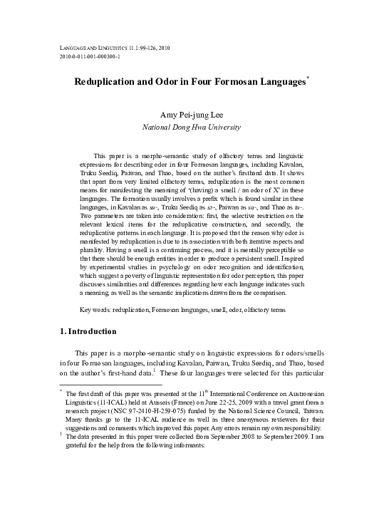 (PDF) Reduplication and Odor in Four Formosan Languages