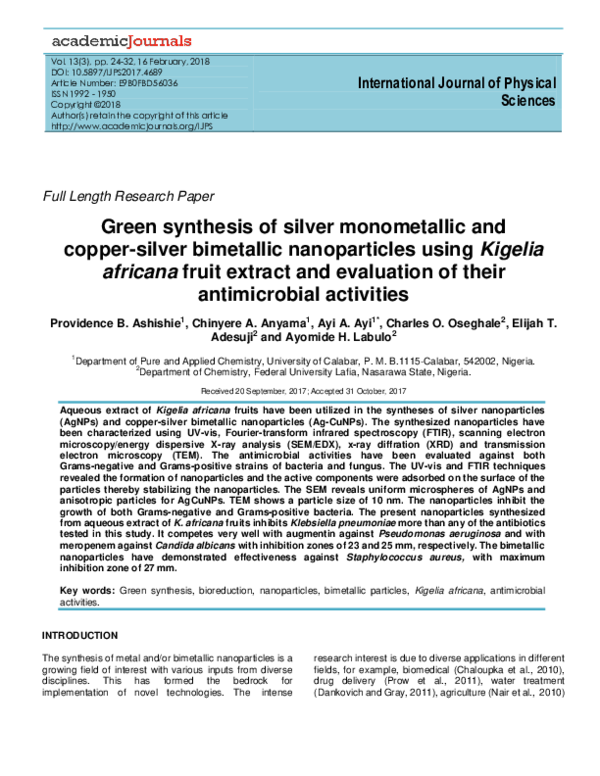 (PDF) Green synthesis of silver monometallic and copper-silver bimetallic nanoparticles using ...
