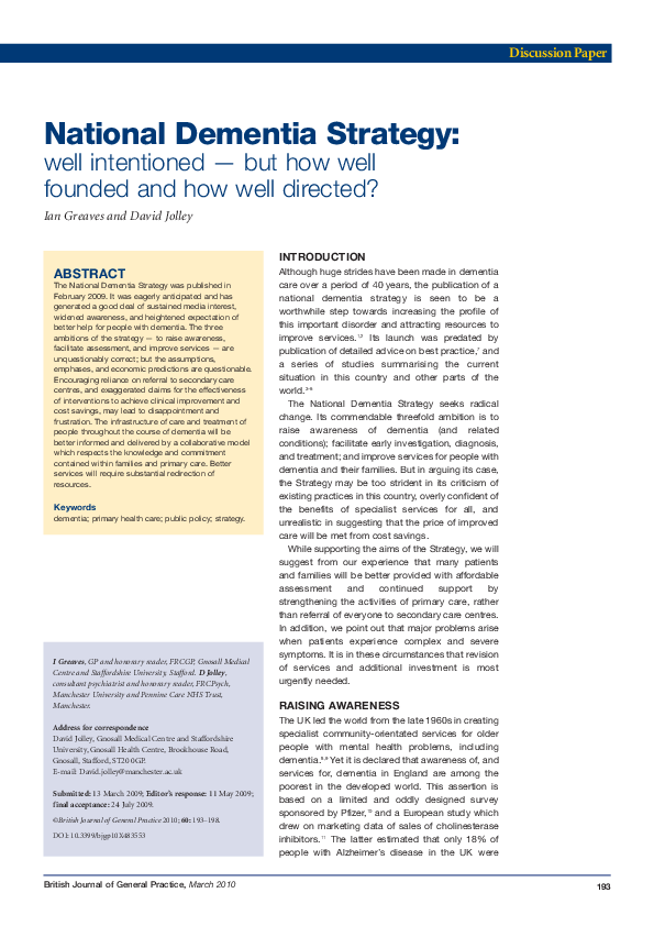 (PDF) National Dementia Strategy: well intentioned but how well founded ...