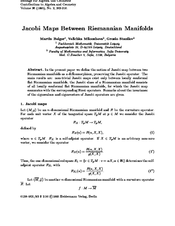 (PDF) Jacobi Maps between Riemannian Manifolds