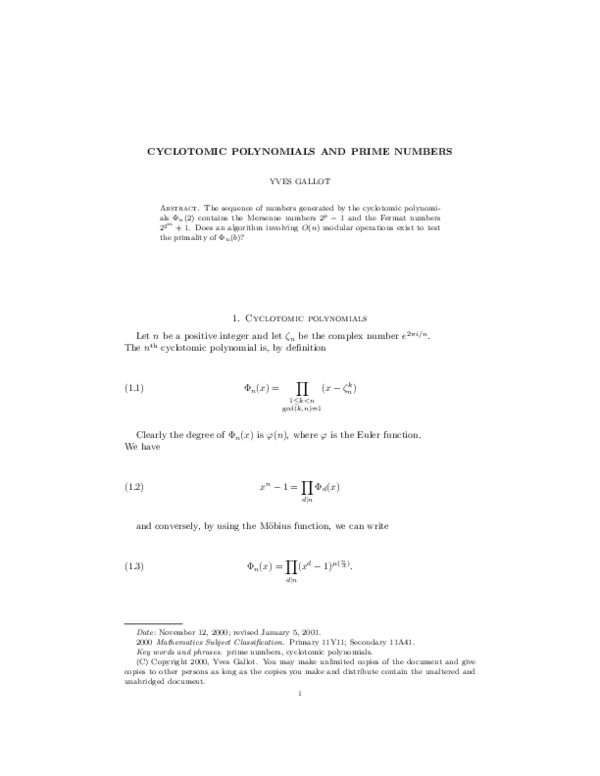 (PDF) Cyclotomic Polynomials and Prime Numbers