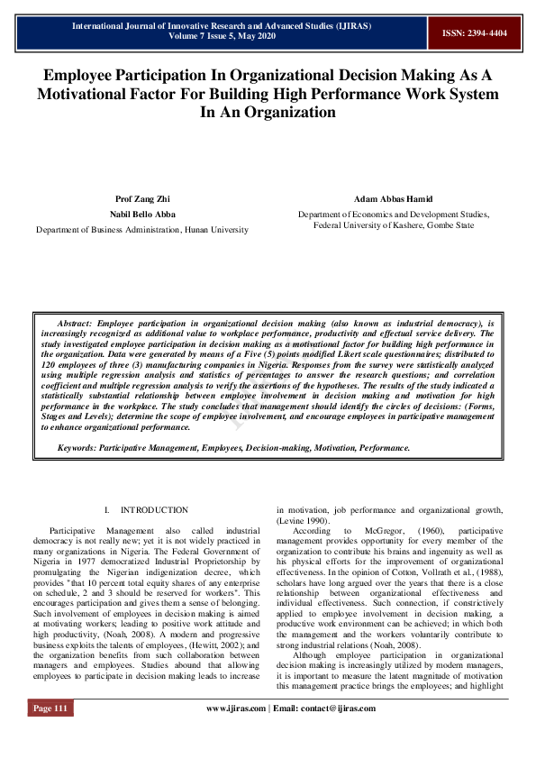 (PDF) Employee Participation In Organizational Decision Making As A Motivational Factor For ...