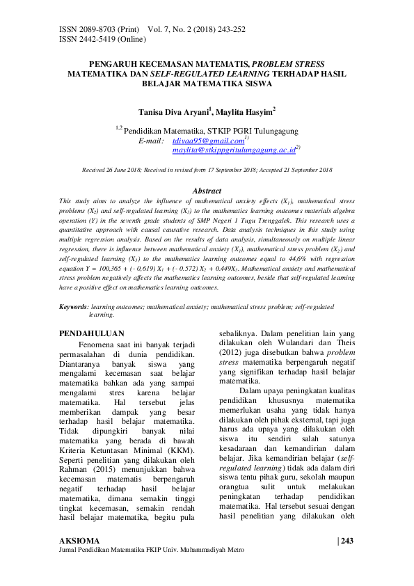 (PDF) Pengaruh Kecemasan Matematis, Problem Stress Matematika Dan Self-Regulated Learning ...