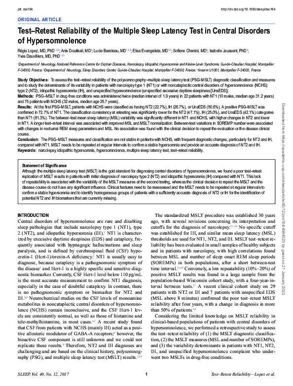 (PDF) Test-Retest Reliability of the Multiple Sleep Latency Test in ...
