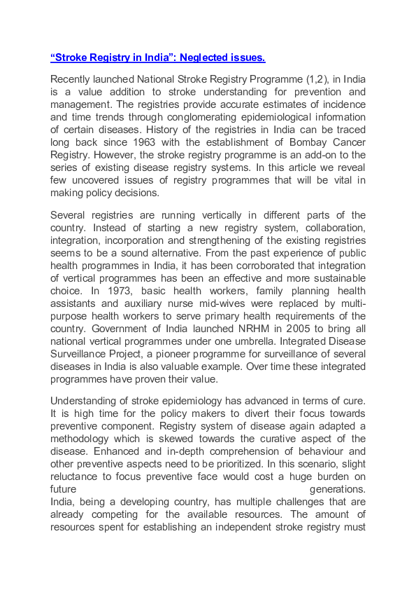 Pdf Stroke Registry In India Neglected Issues
