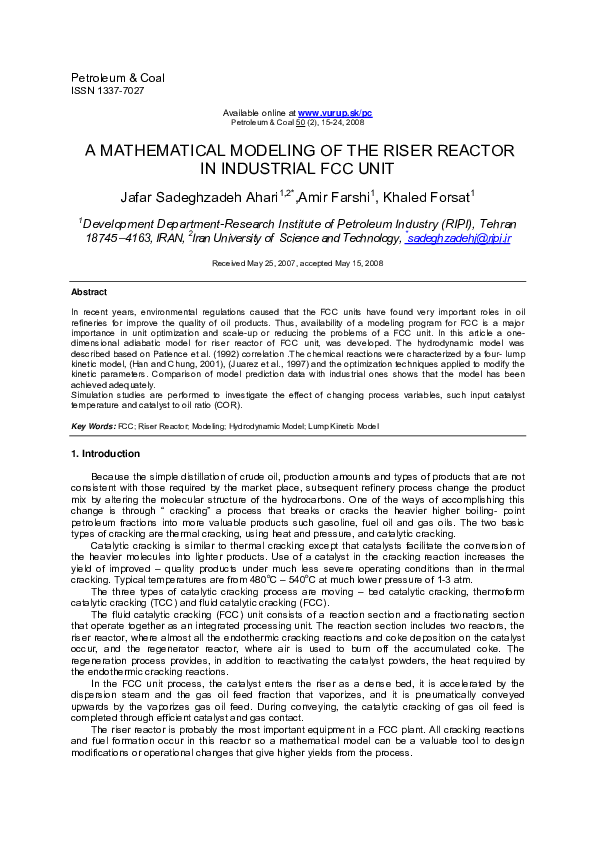 (PDF) A Mathematical Modeling of the Riser Reactor in Industrial FCC Unit