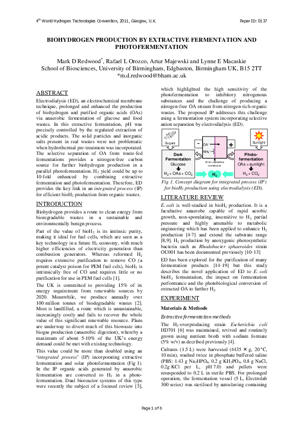 (PDF) Biohydrogen production by extractive fermentation and ...