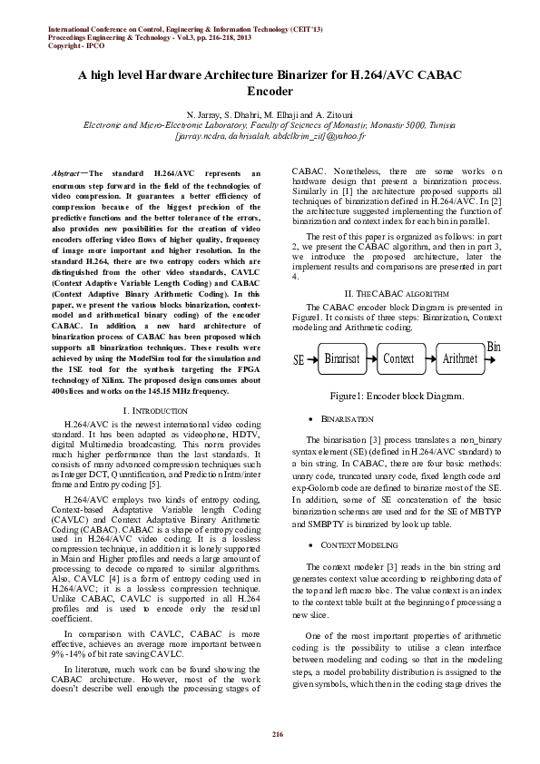 Pdf A High Level Hardware Architecture Binarizer For H 264 Avc Cabac Encoder