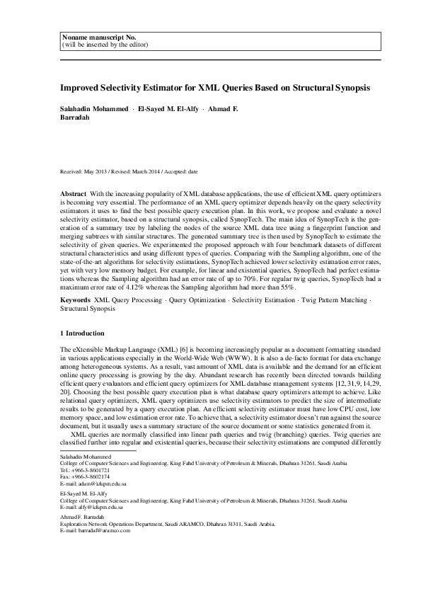 (PDF) Improved selectivity estimator for XML queries based on structural synopsis